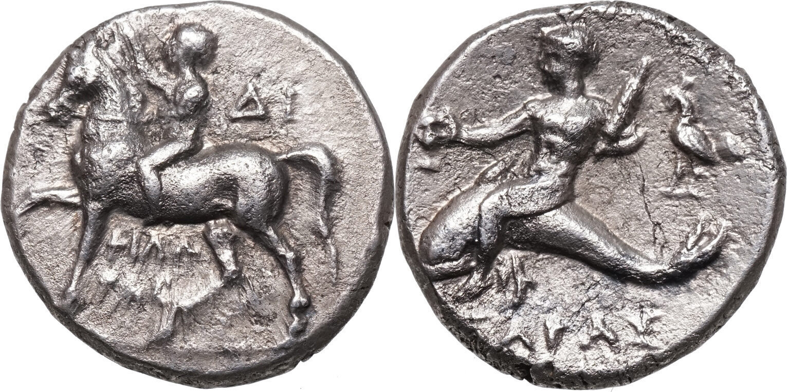 Calabria, TARENT (~272-240 BCE) AR Didrachme Reiter, Phalanthos reitet ...