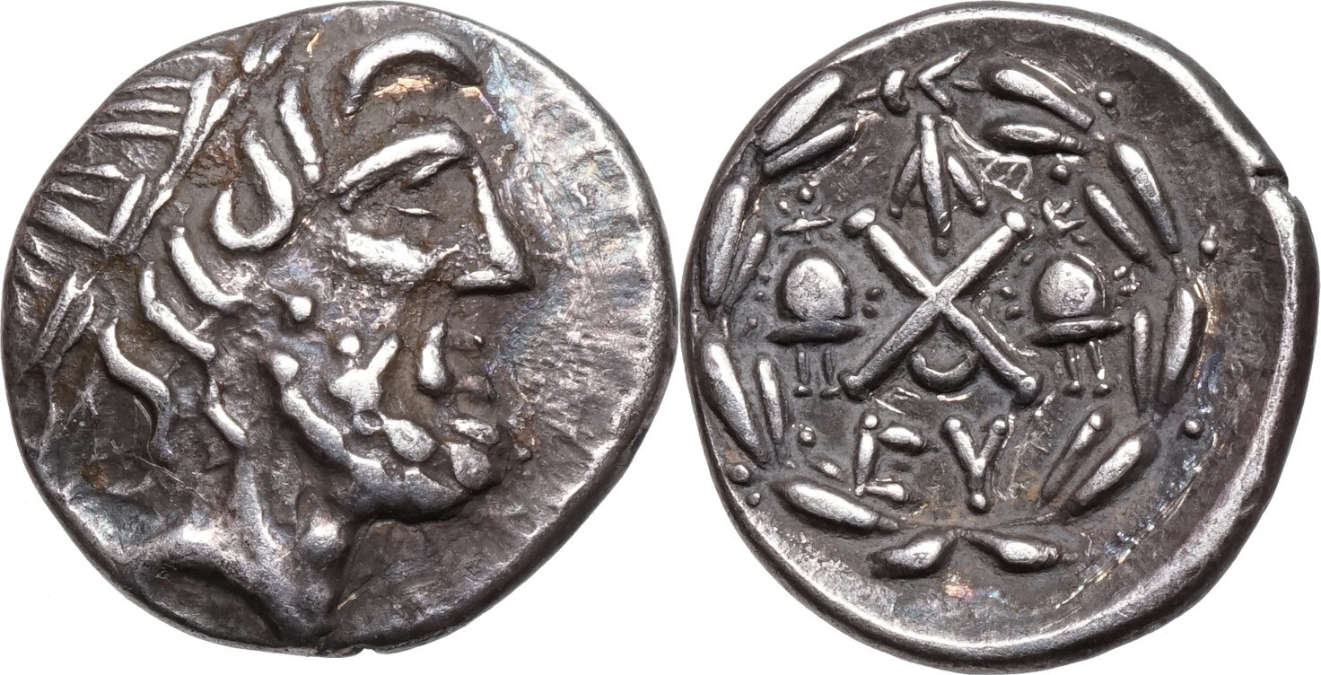 SPARTA!, Lakonien, Lacedaemon AR Triobol (~85 BCE) Zwei Piloi, Zeus ...