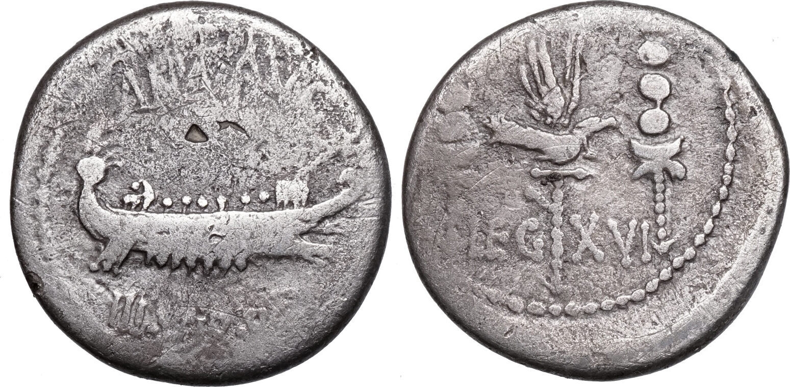LEGIONSDENAR, Leg. XVI AR Denar Marc Anton (32-31 BCE) Galeere ...