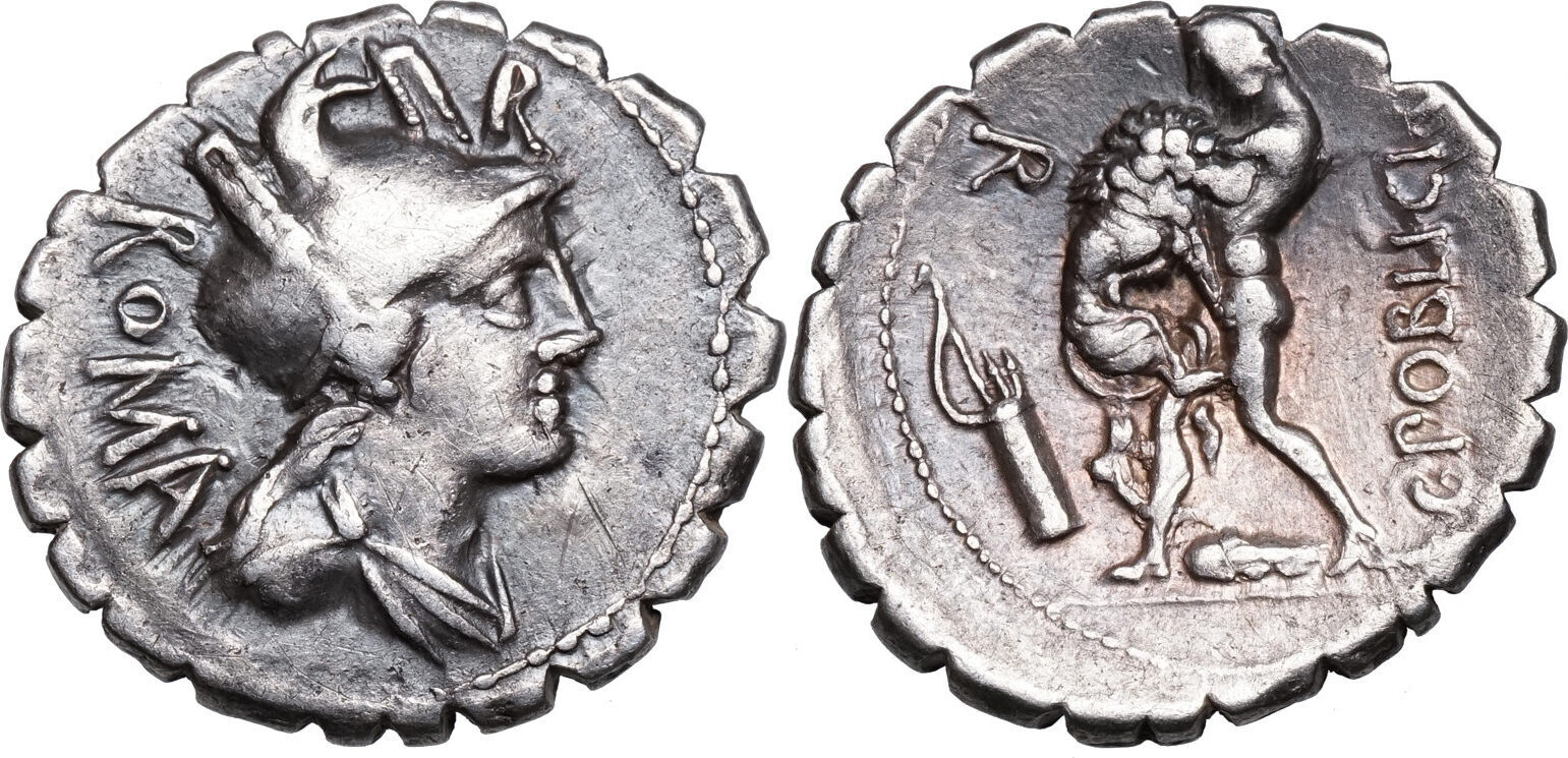 C. Poblicius (80 BCE) AR Denar Roma / Herkules mit Nemeischen Löwen ss ...