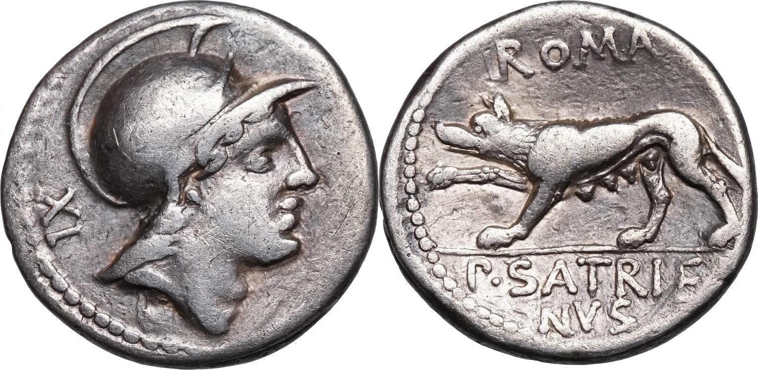 P. Satrienus (77 BCE) AR Denar Mars / Lupa Romana ss | MA-Shops