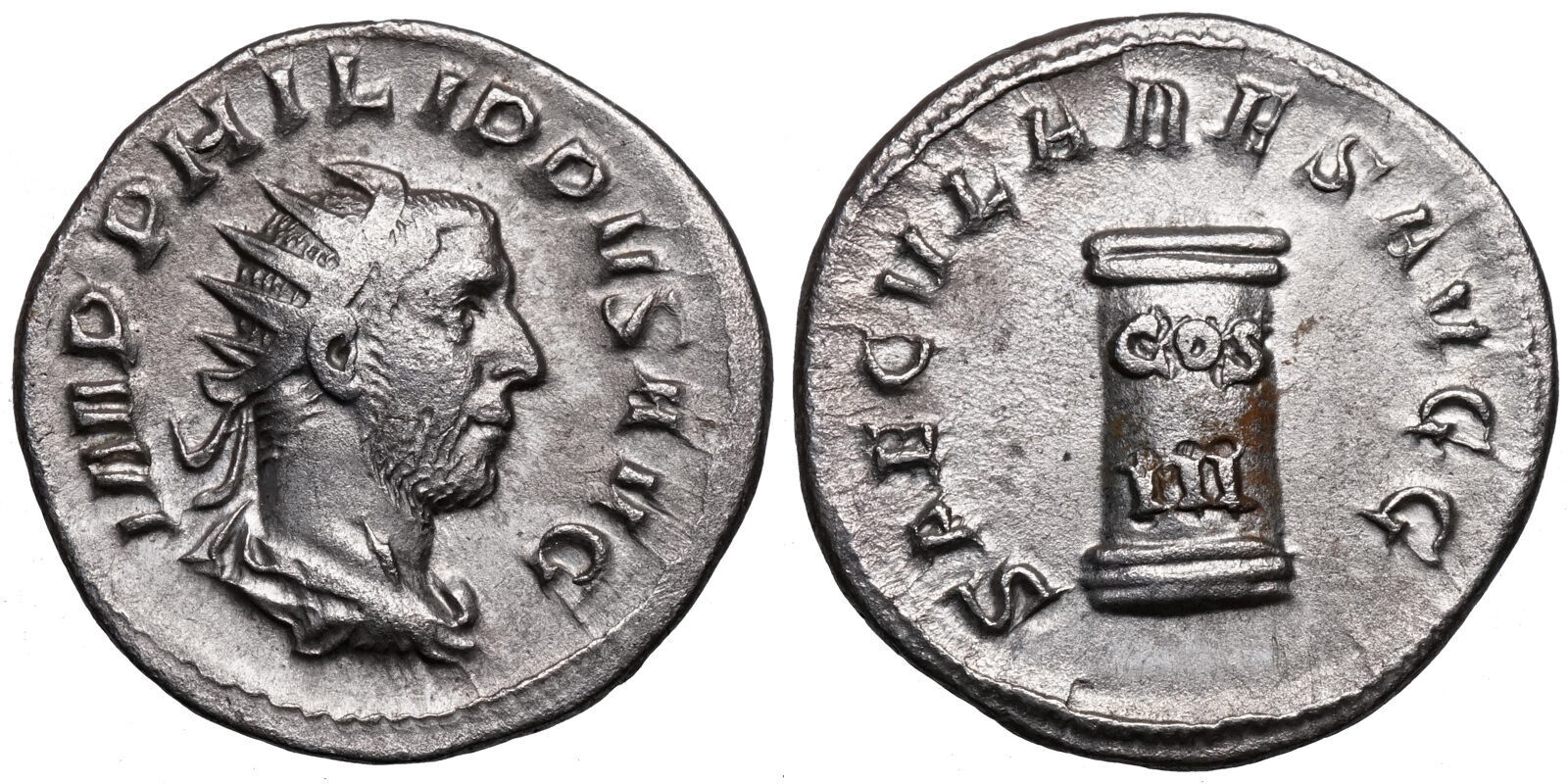 Philippus I. Arabs (244-249) AR Antoninian CIPPUS/Säule darauf COS III ...