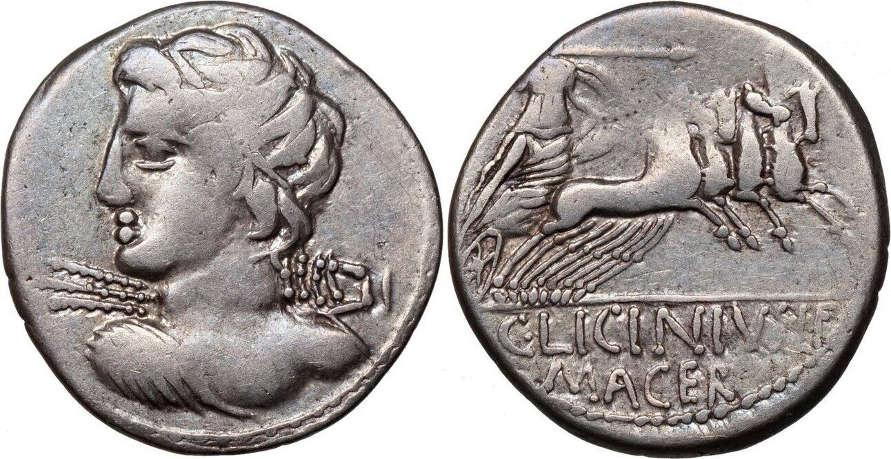 C. Licinius L.f. Macer (84 BCE) AR Denar Rom, Vejovis, Minerva in ...