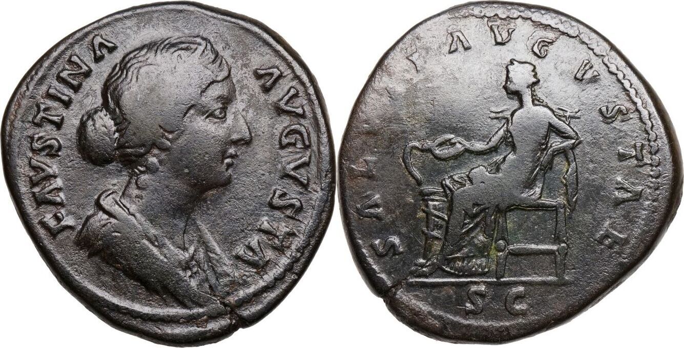 FAUSTINA II. (Augusta, 147-175) Sesterz Rom, SALUS füttert Schlange ss ...