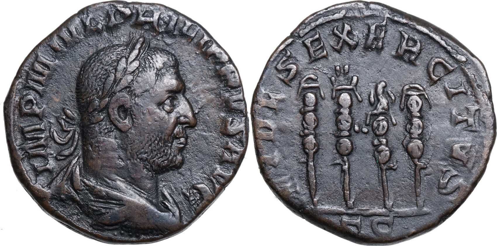 Philippus I. Arabs (244-249) Æ Sesterz Rom, AQUILA zwischen Standarten. Schöne braune Patina ...