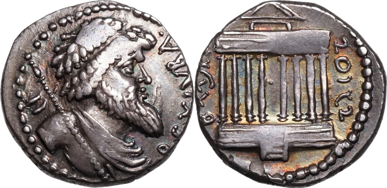 Juba I. (60-46 BCE) AR Denar achtsäuliger Tempel, Attraktive Tönung ...