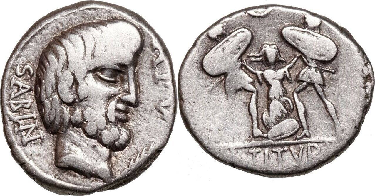 L. Titurius L.f. Sabinus (89 BCE) AR Denar Rom, Tarpeia mit Soldaten ss ...
