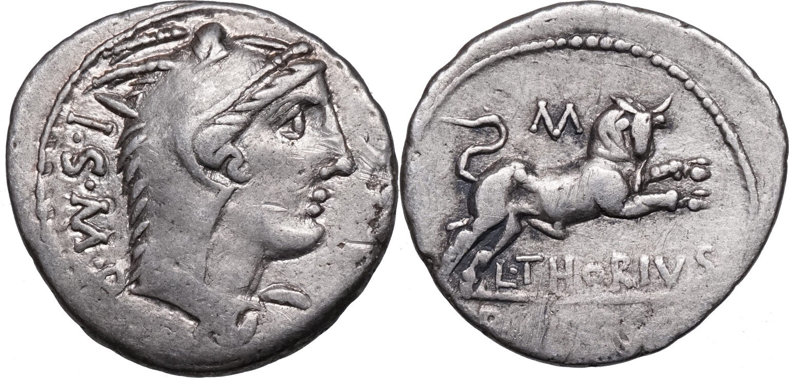 L. Thorius Balbus (105 v.u.Z.) AR Denar Rom, STIER, Juno Sospita ss ...