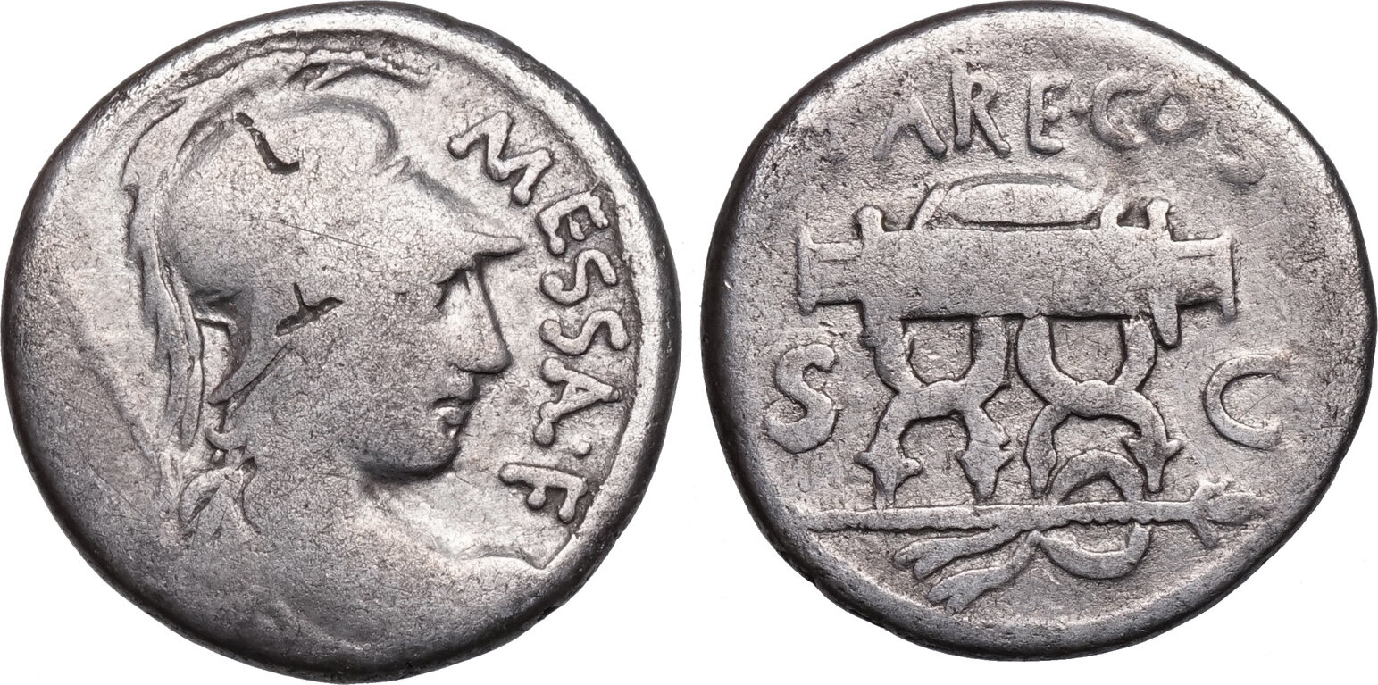 M. Valerius Messalla (53 BCE) AR Denar Roma, Curulischer Stuhl über mit ...