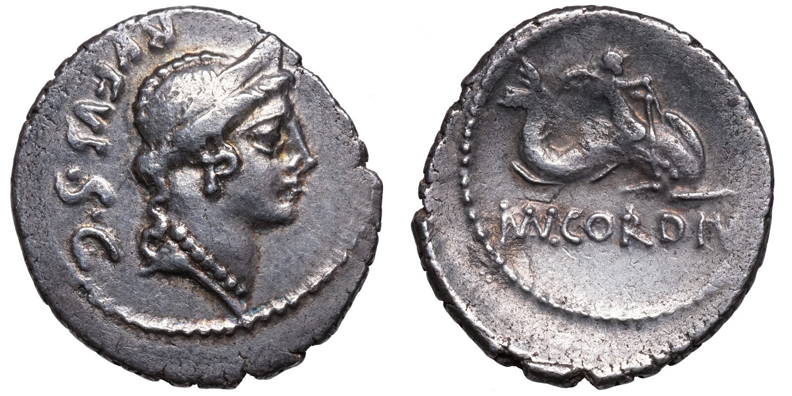 Mn. Cordius Rufus (46 BCE) AR Denar Rom. VENUS-Kopf / CUPIDO auf ...
