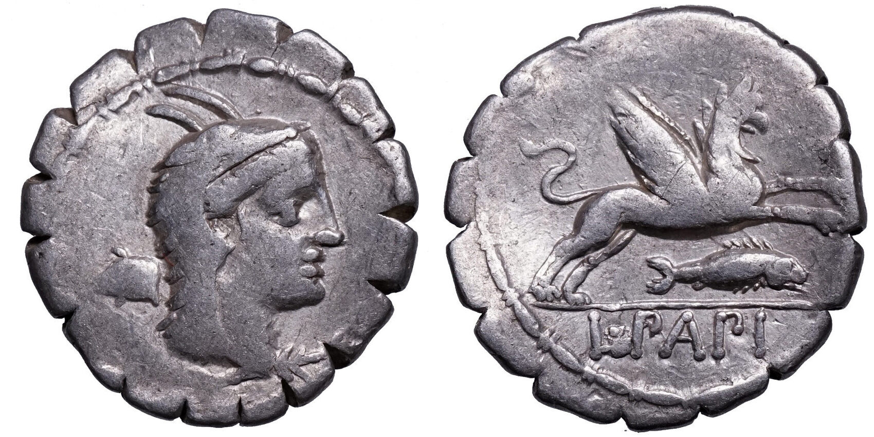 L. Papius (79 BCE) AR Denar Rom. Kopf der Iuno Sospita mit Ziegenfell ...