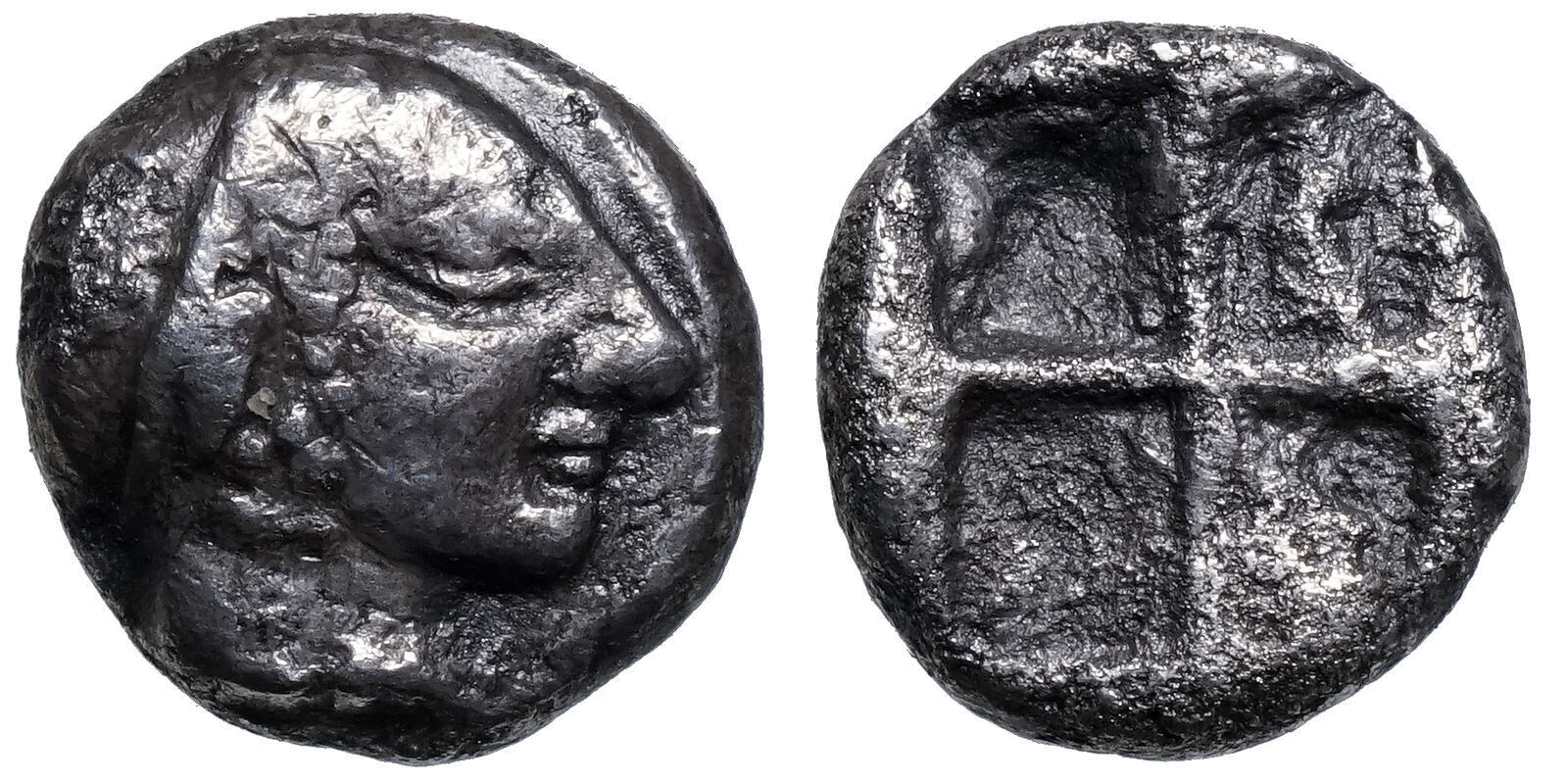 Ionien, Phokaia? (~500 BCE) AR Diobol Archaischer weiblicher Kopf ...