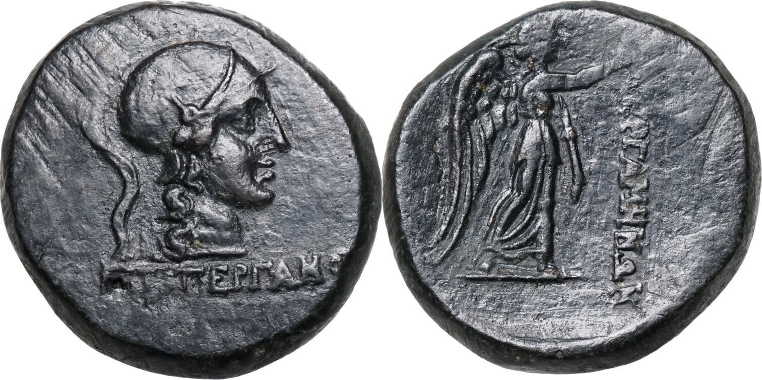 Mysien, PERGAMON (~200-133 BCE) AE Athena, Nike, Tiefgrüne Patina! ss ...