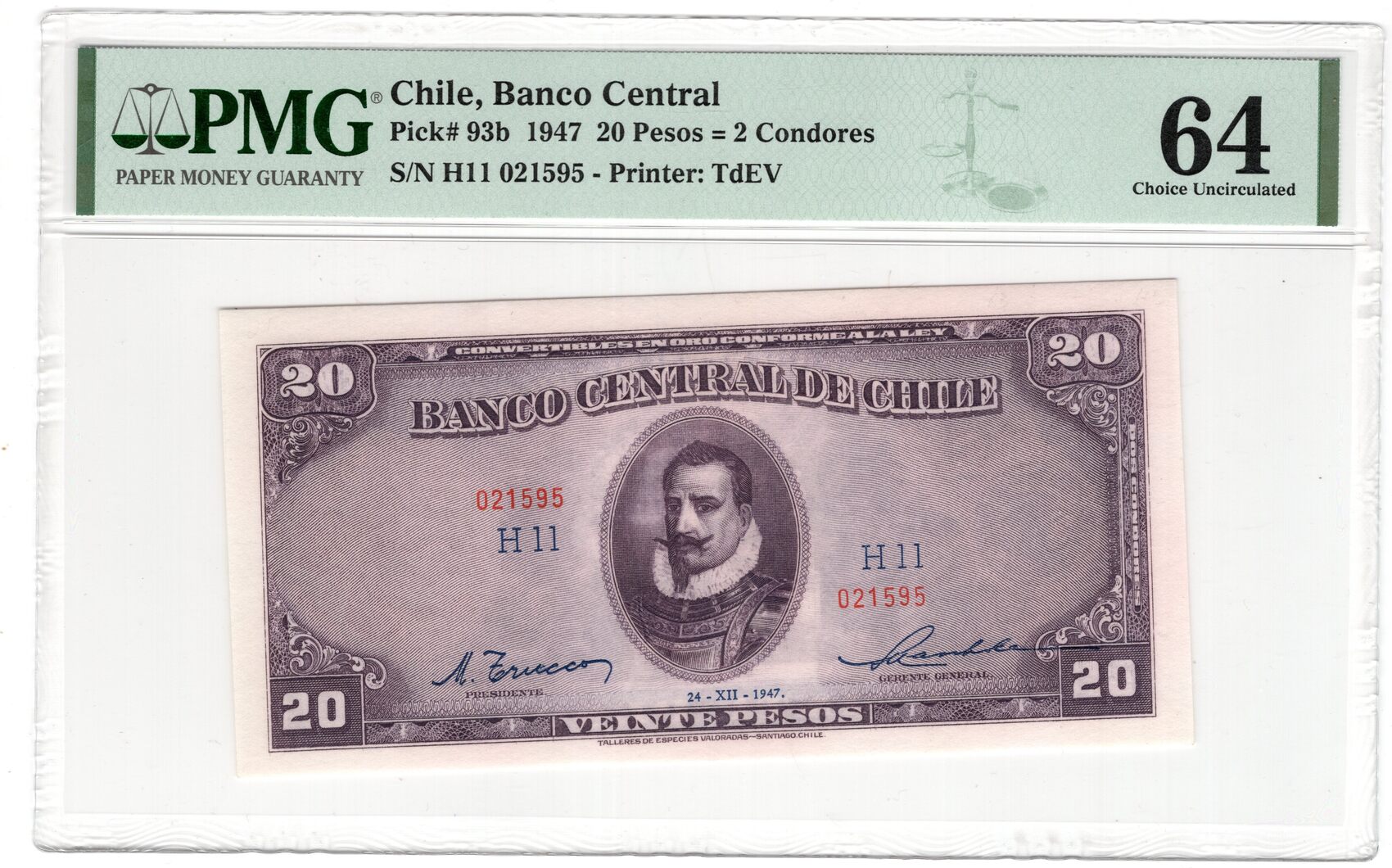 Chile 20 Pesos 1947 PMG 64 | MA-Shops