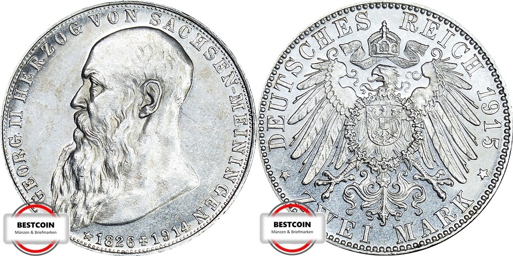 SACHSEN-MEININGEN 2 Mark 1915 J 154 - geprägt unter Herzog Georg II. VZ-STG | MA-Shops
