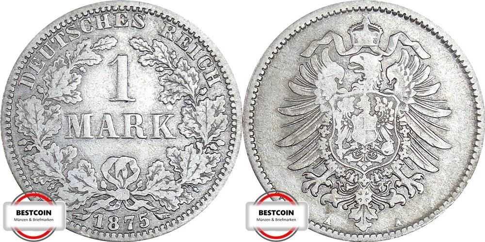 1 Mark 1875 A J 9 - Kursmünze aus dem Kaiserreich SS-VZ | MA-Shops