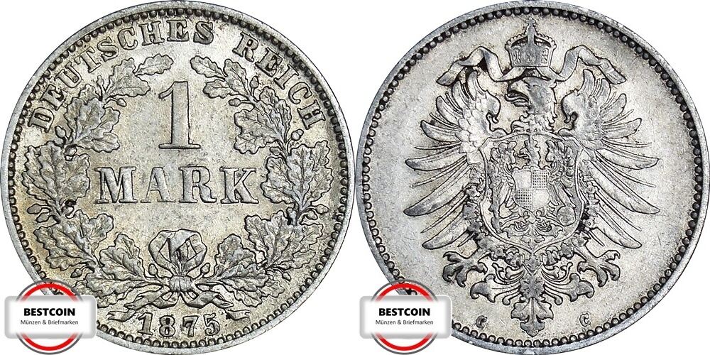 1 Mark 1875 C J 9 - Kursmünze aus dem Kaiserreich VZ+ | MA-Shops