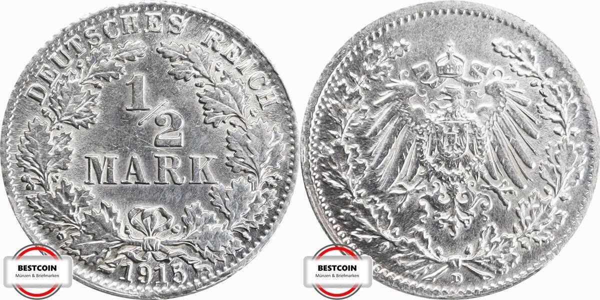 1/2 Mark 1915 D J 16 - Kursmünze aus dem Kaiserreich VZ-STG | MA-Shops