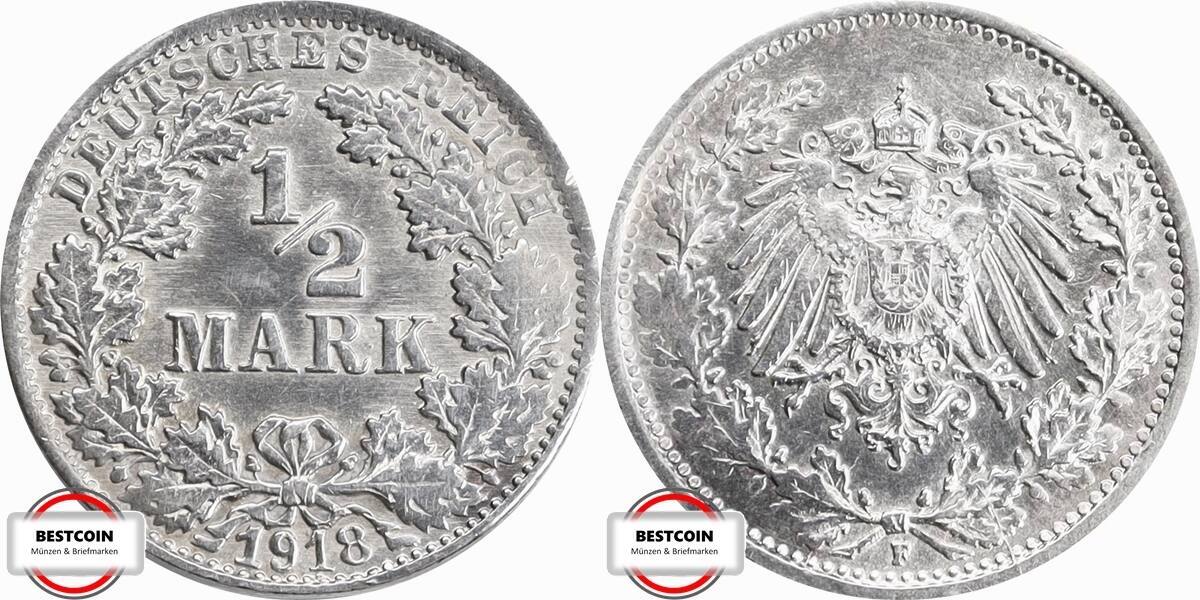 1/2 Mark 1918 F J 16 - Kursmünze aus dem Kaiserreich VZ+ | MA-Shops
