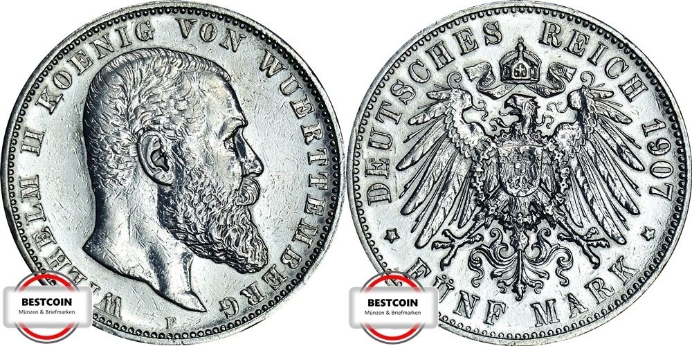WÜRTTEMBERG 5 Mark 1907 F J 176 - geprägt unter König Wilhelm II. SS | MA-Shops