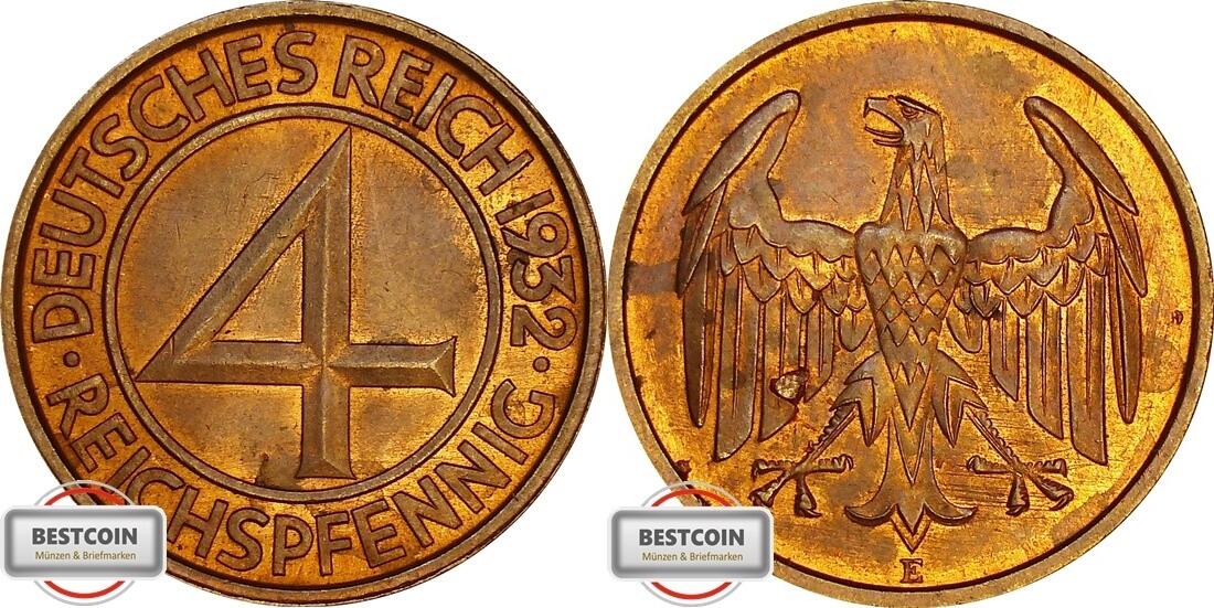 WEIMARER REPUBLIK 4 Pfennig 1932 E J 315 - wurde nur 1932 geprägt VZ+ ...