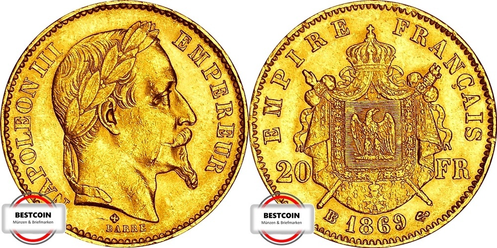 FRANKREICH 20 Francs 1869 BB KM 801.2 - geprägt unter Napoleon III. VZ+ ...