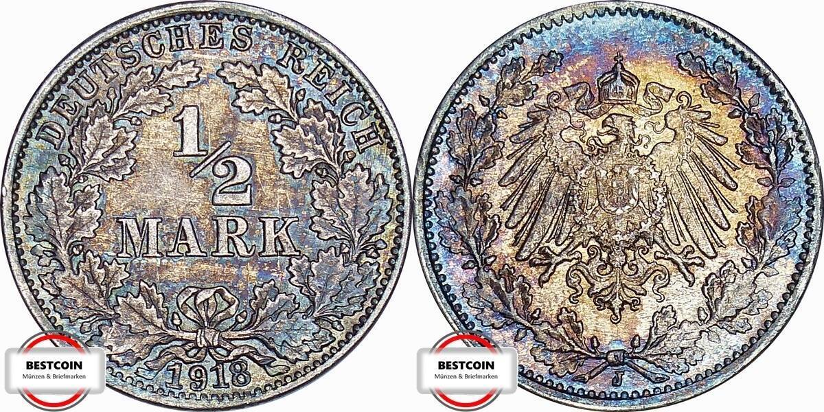 DEUTSCHLAND 1/2 Mark 1918 J J 16 - Kursmünze aus dem Kaiserreich SS- | MA-Shops
