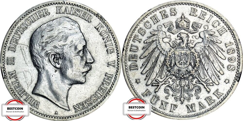 PREUSSEN 5 Mark 1898 A J 104 - geprägt unter Kaiser Wilhelm II. SS+ ...