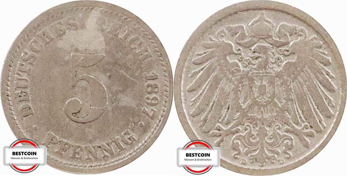 5 Pfennig 1897 D J 12 - Kursmünze aus dem Kaiserreich SS + | MA-Shops