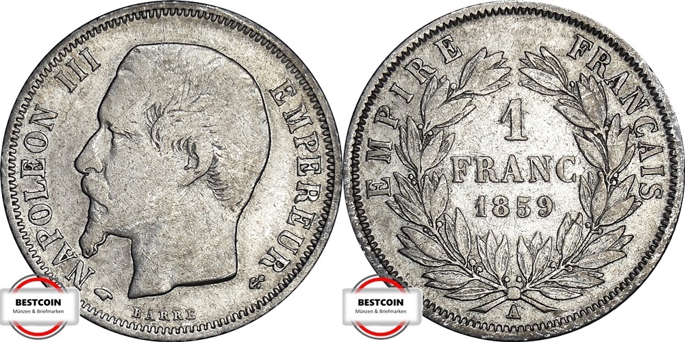 FRANKREICH 1 Franc 1859 K Gad. 460 - geprägt unter Napoleon II. SS+ ...