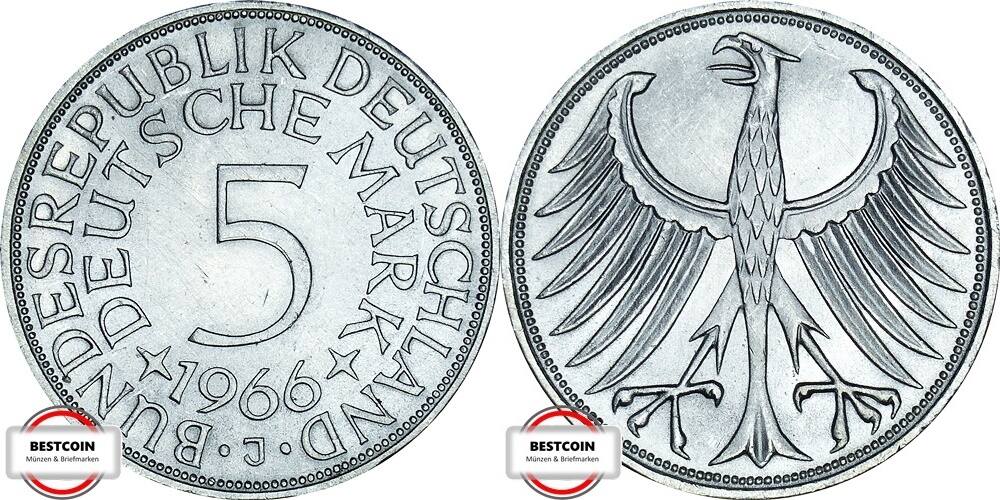 BRD 5 DM 1966 J J 387 - Silberfünfer VZ-STG | MA-Shops BRD 5 DM 1966 J J 387 - Silberfünfer VZ-STG | MA-Shops