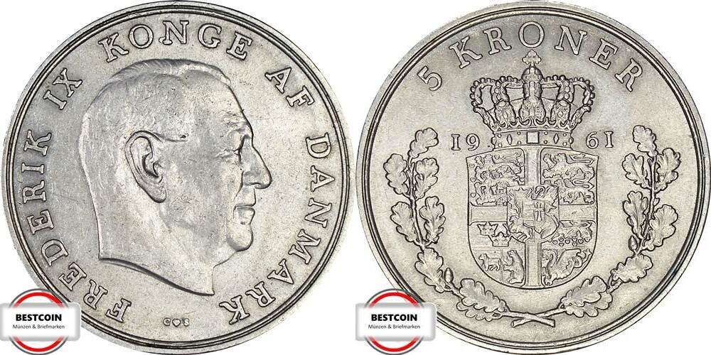 DÄNEMARK 5 Kroner 1961 KM 853 - geprägt unter Frederik IX. VZ | MA-Shops