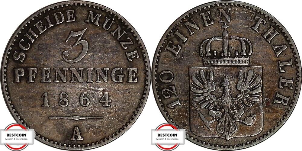 PREUSSEN 3 Pfennige 1864 A AKS 106 - geprägt unter König Wilhelm VZ ...