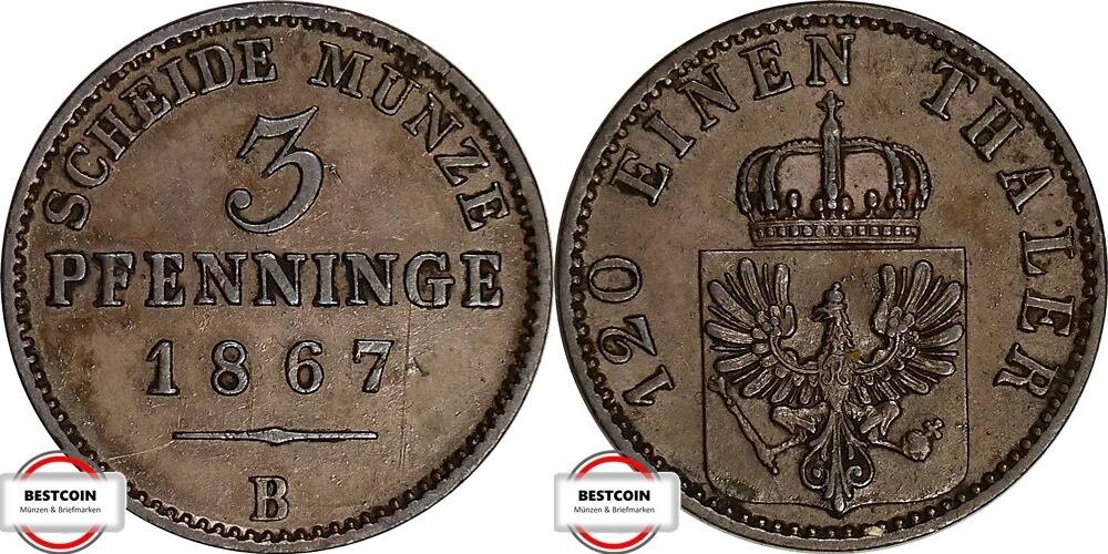 PREUSSEN 3 Pfennige 1867 B AKS 106 - geprägt unter König Wilhelm VZ+ ...