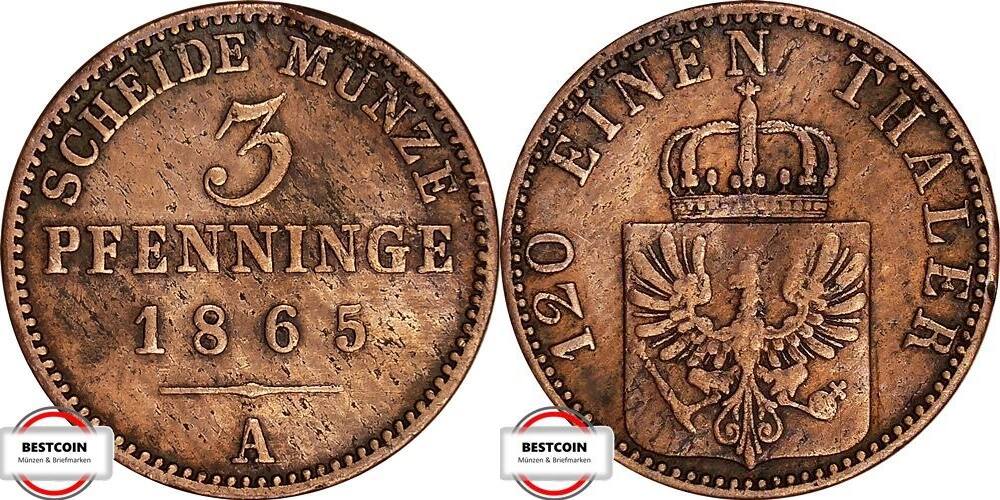 PREUSSEN 3 Pfennige 1865 A AKS 106 - geprägt unter König Wilhelm SS ...