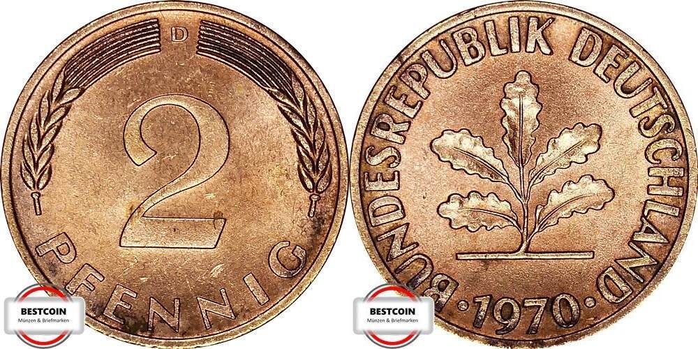 BRD 2 Pfennig 1970 D J 381 - Kursmünze VZ-STG | MA-Shops