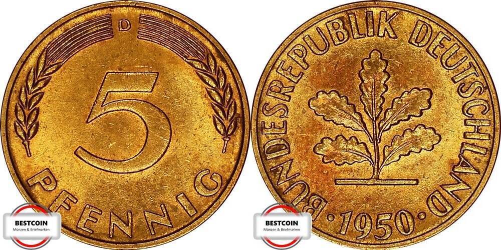 BRD 5 Pfennig 1950 D J 382 - Kursmünze STG- | MA-Shops