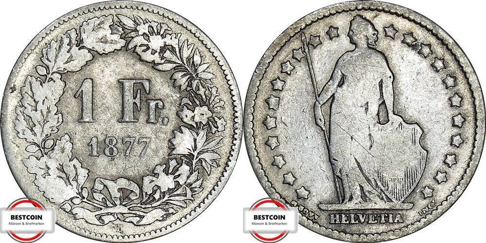 SCHWEIZ 1 Franken 1877 KM 24- Kursmünze VZ | MA-Shops