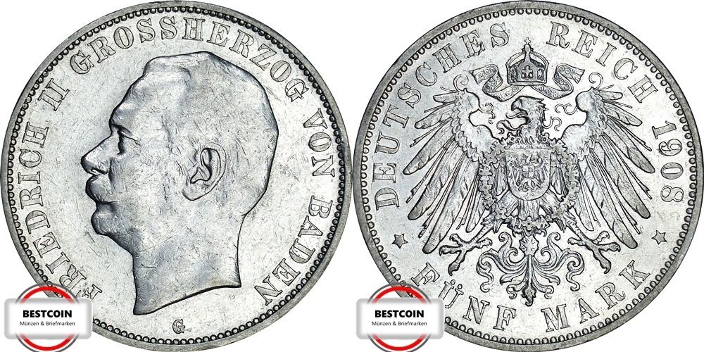 BADEN 5 Mark 1908 G J 40 - geprägt unter Grossherzog Friedrich II. fast ...