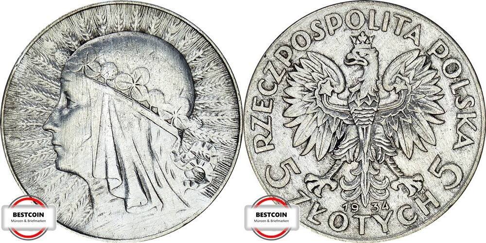 POLEN 5 Zloty 1934 KM 21 - Frauenkopf als Personifikation der Republik SS | MA-Shops