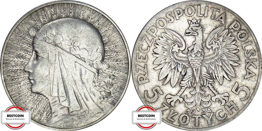 POLEN 5 Zloty 1934 KM 21 - Frauenkopf als Personifikation der Republik SS | MA-Shops