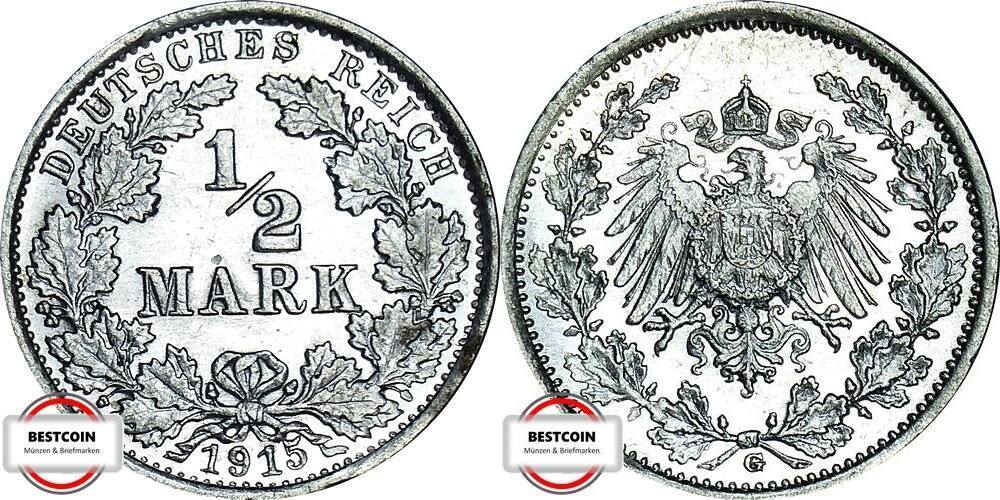 1/2 Mark 1915 G J 16 - Kursmünze aus dem Kaiserreich fast STG | MA-Shops