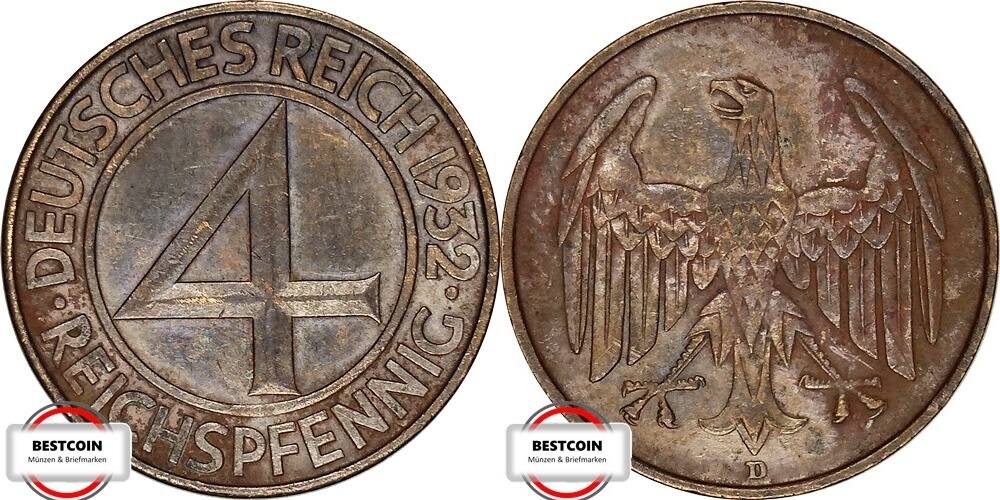 WEIMARER REPUBLIK 4 Pfennig 1932 AD J 315 - Münze wurde nur 1932 ...