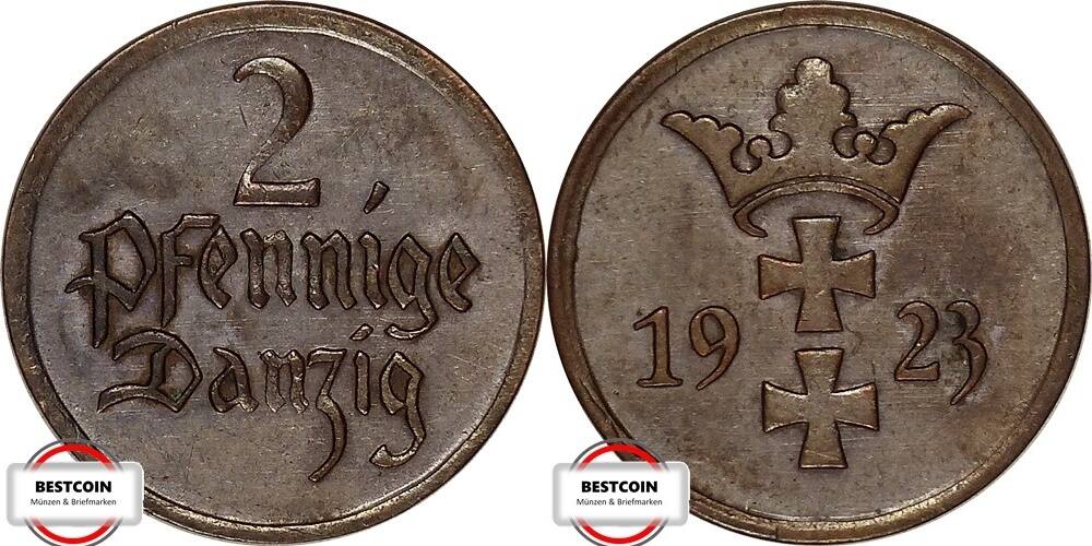 2 Pfennig 1923 J D 3 - Ausgabe des Freistaates Danzig VZ-STG | MA-Shops