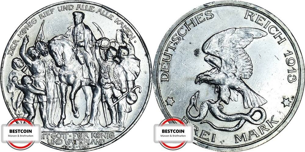 PREUßEN 3 Mark 1913 A J 110 - Aufruf zum Befreiungskampf gegen ...