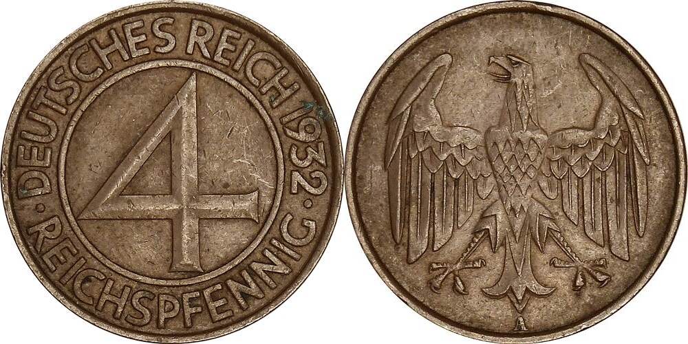 WEIMARER REPUBLIK 4 Pfennig 1932 A J 315 - wurde nur 1932 geprägt SS+ ...