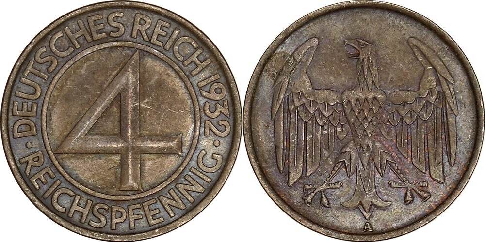 WEIMARER REPUBLIK 4 Pfennig 1932 A J 315 - wurde nur 1932 geprägt SS ...