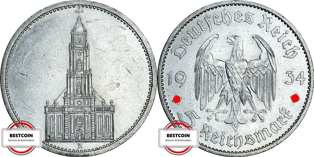 DRITTE REICH 5 Reichsmark 1934 A J 357 - Garnisonkirche von Potsdam VZ ...