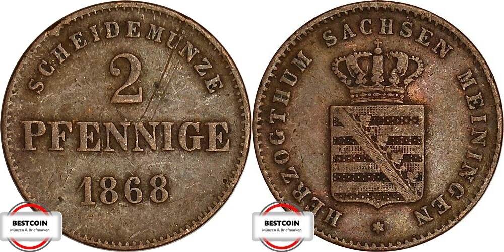 SAC-MEININGEN 2 PFENNIGE 1868 AKS 215 SCHEIDE MÜNZE SS | MA-Shops