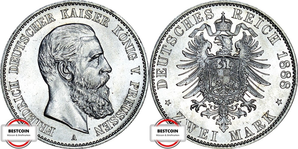 PREUßEN 2 Mark 1888 A J 98 - Friedrich III. - der 99 Tage Kaiser - TOP ...